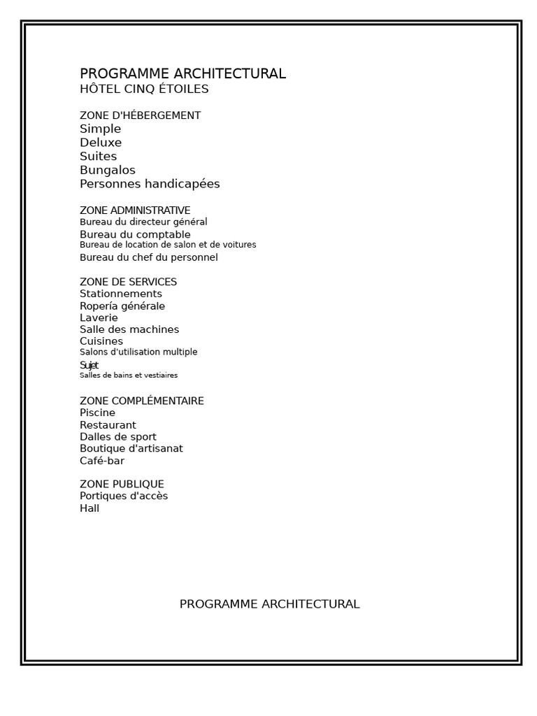 Programme architectural hôtel 5 étoiles | PDF