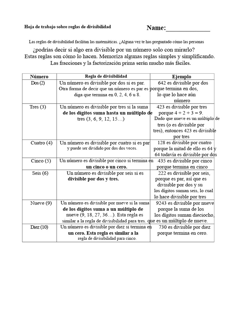 Hoja de Trabajo de Reglas de Divisibilidad | PDF | Aritmética | Matemáticas