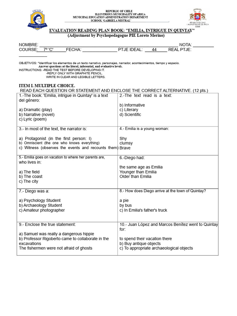 7th grade. 2019 Eval. Emilia, Intrigue in Quintay Adaptation | PDF | Narration | Multiple Choice