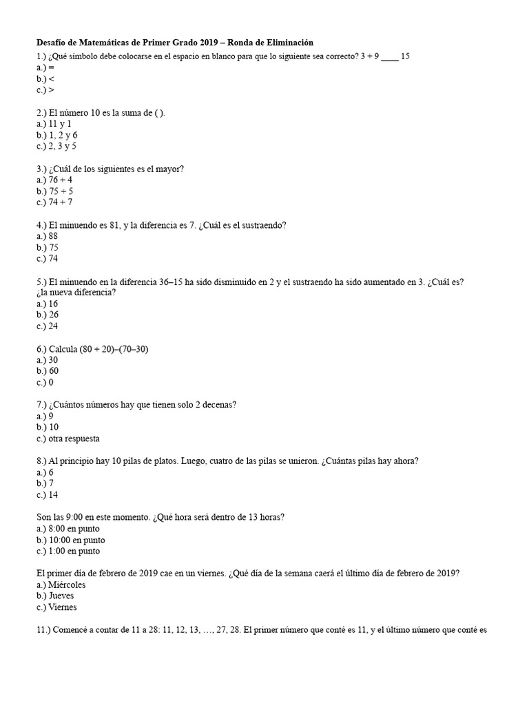 Desafío de Matemáticas de Primer Grado 2019 | PDF | Sustracción