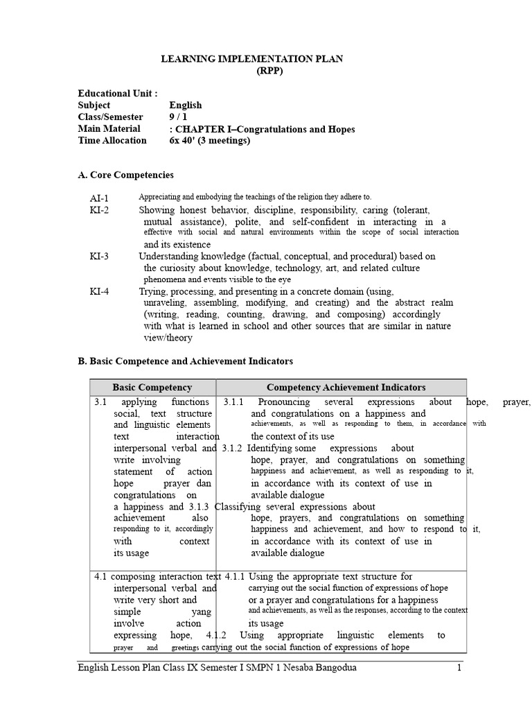 English Lesson Plan For Grade 9 Junior High School-MTs Semester 1 ...