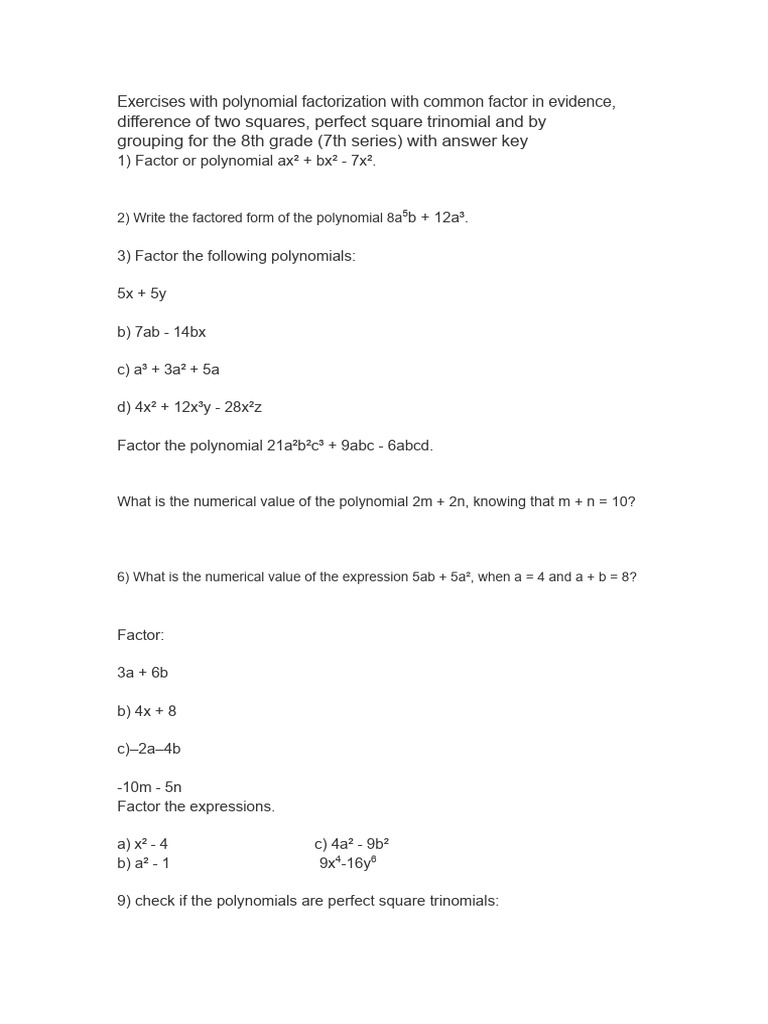 Exercises With Polynomial Factorization Common Factor in Evidence PDF | PDF