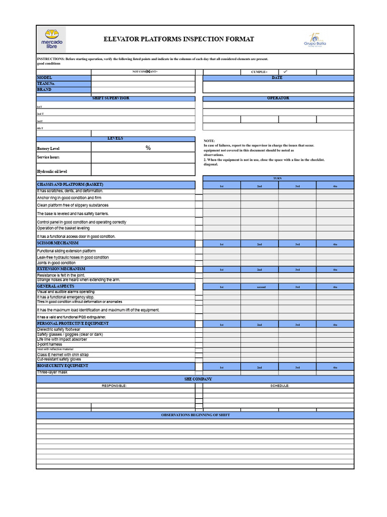 Elevator Platform Inspection Checklist | PDF | Personal Protective ...
