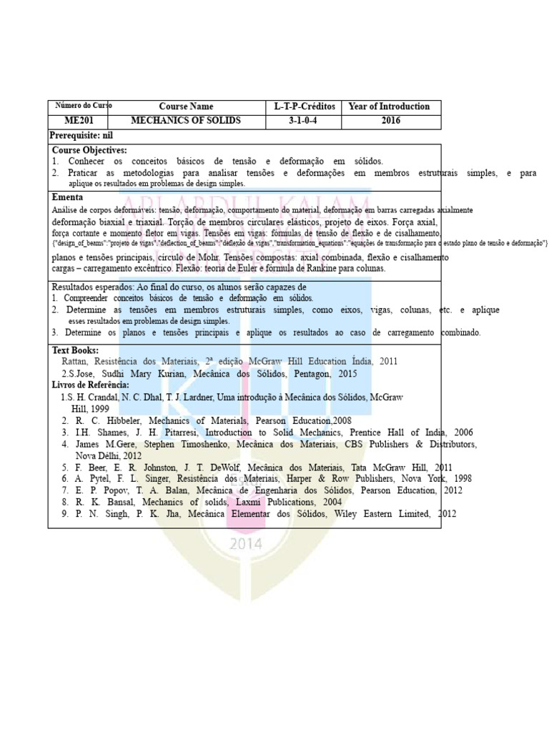 Mecânica dos Sólidos: Curso ME201 | PDF | Estresse (Mecânica) | Flexão ...