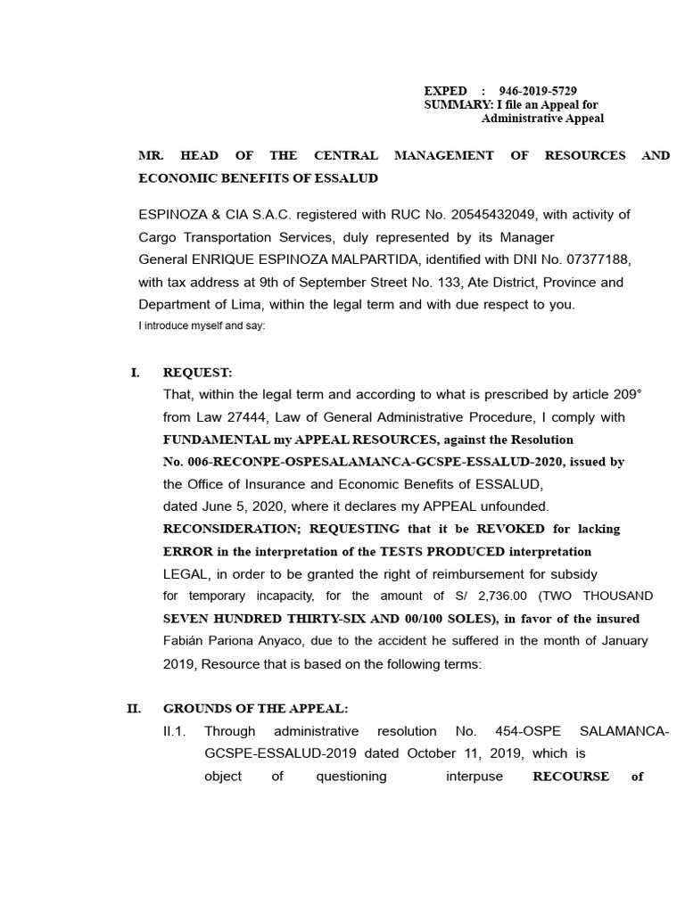 Written Appeal Resource - ESSALUD | PDF | Appeal | Justice