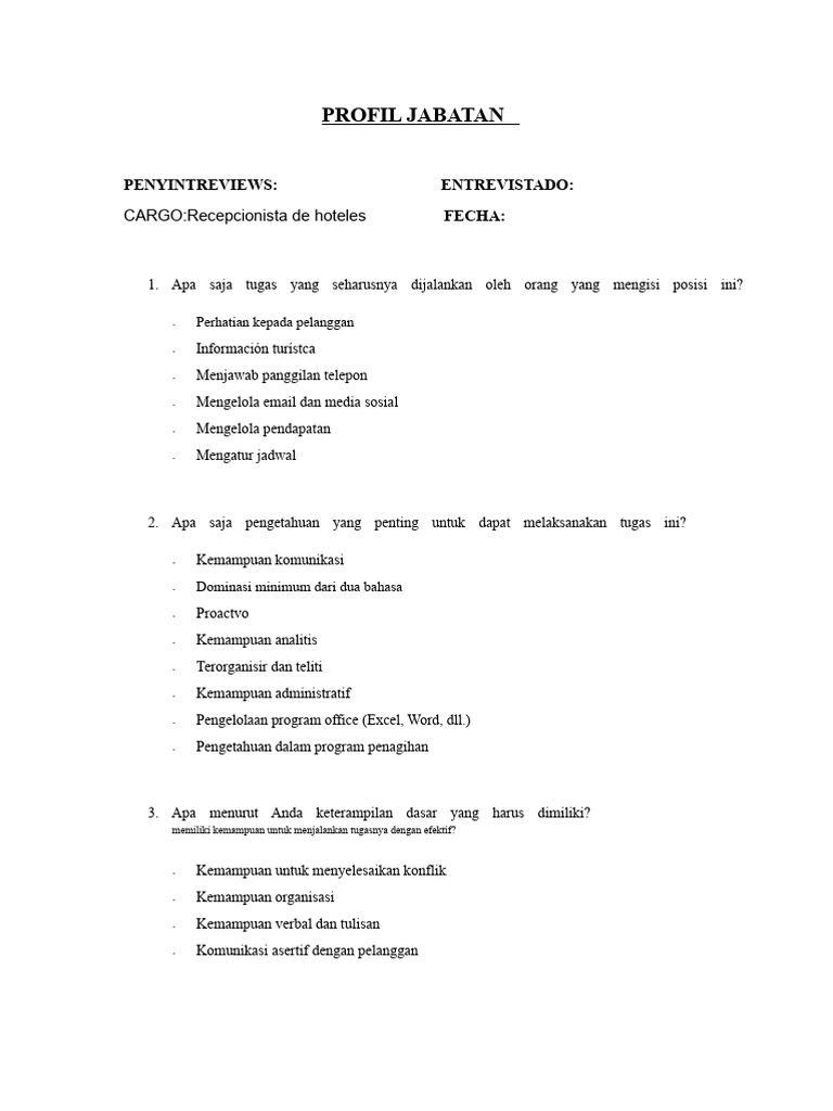 format kuesioner Resepsionis hotel | PDF