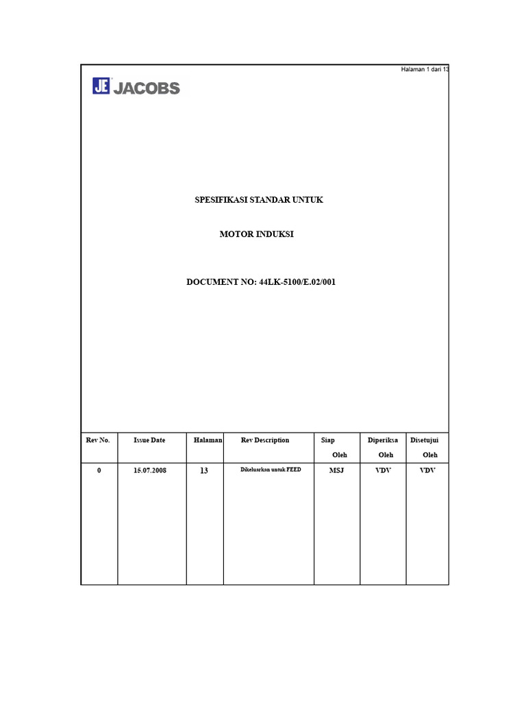 Spesifikasi Standar Motor Induksi 11KV | PDF