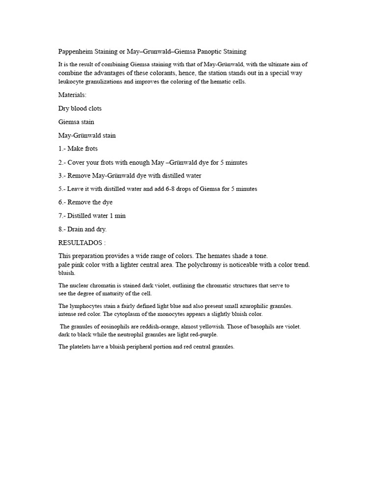 Pappenheim Staining or May-Grünwald Staining | PDF