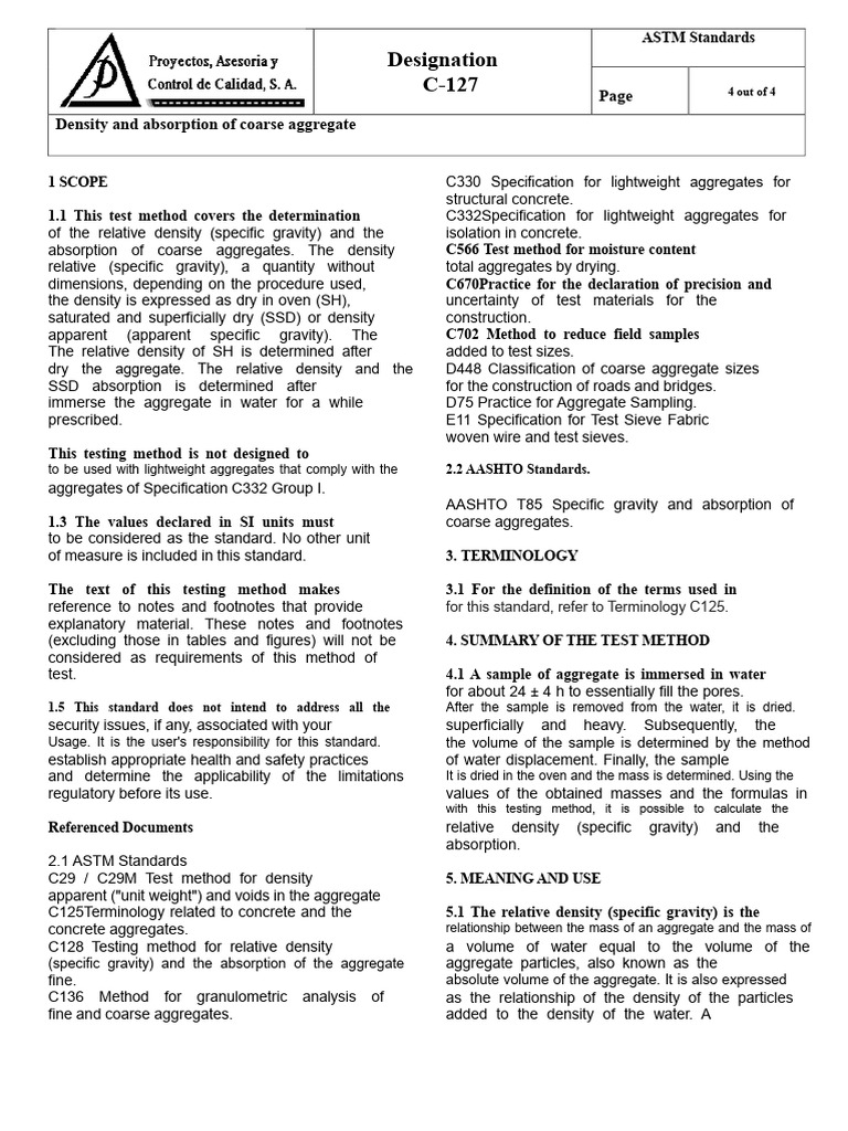 ASTM C-127 Density and Absorption of Coarse Aggregate, | PDF | Density | Concrete