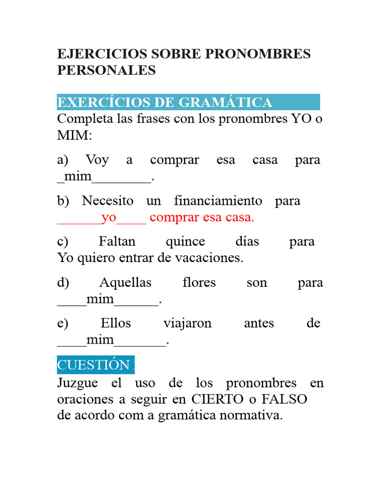 Ejercicios Sobre Pronombres Personales | PDF