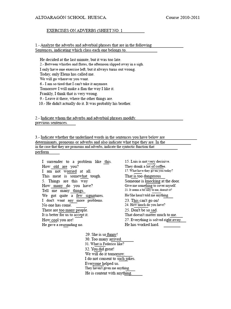 Adverb Exercises | PDF | Adverb | Pronoun