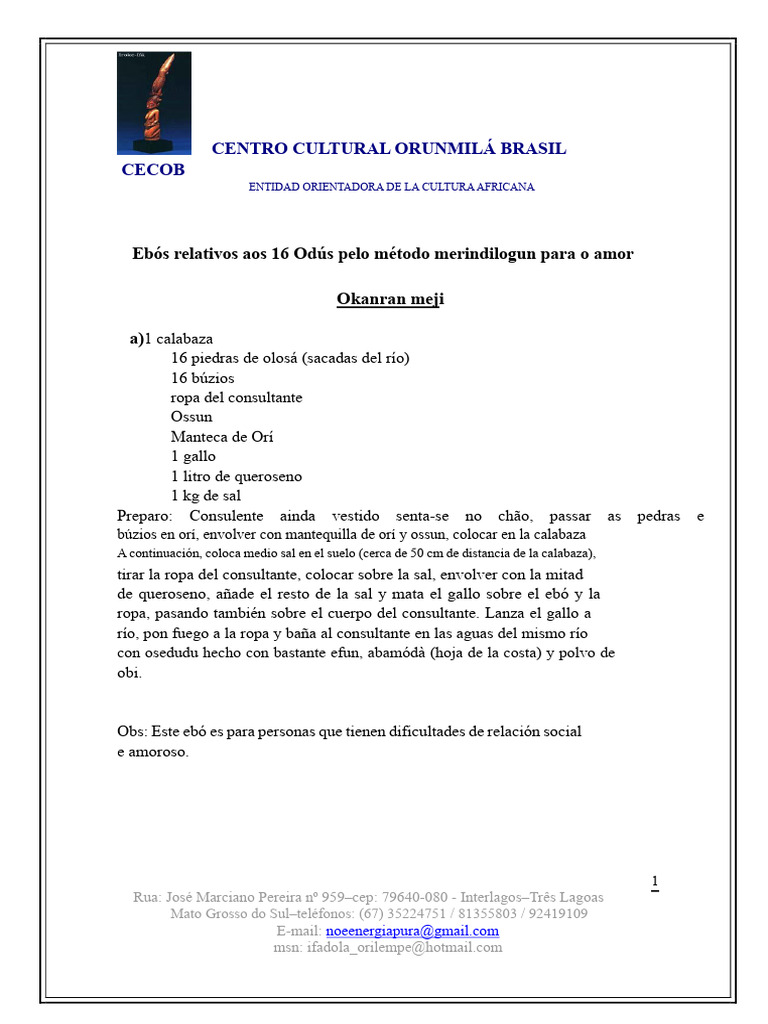 Ebós Relativos A Los 16 Odús Por El Método Merindilogun Amorosos | PDF
