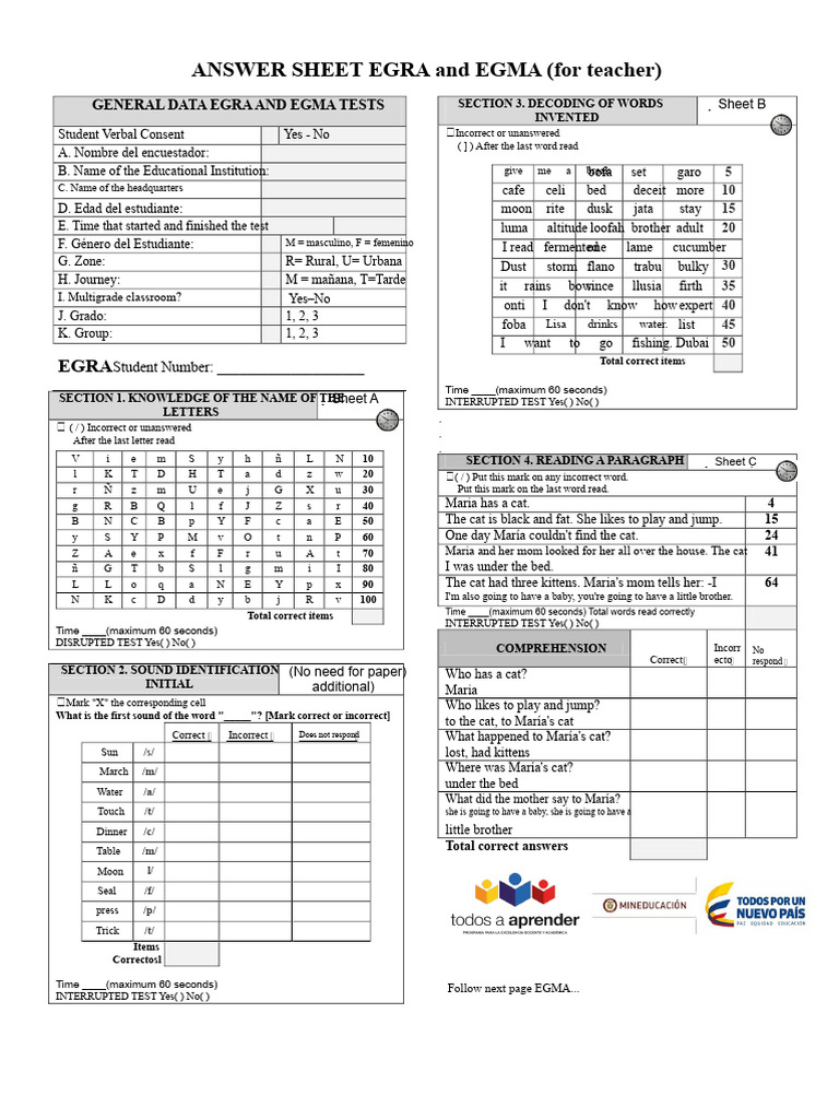 Response Sheet EGRA and EGMA (Teacher) - Marz - 06 | PDF | Learning