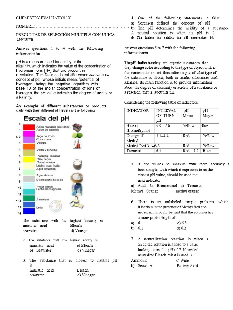 Tenth Grade Evaluation PH | PDF | Ph | Acid