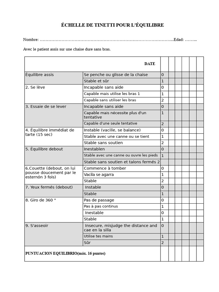 Échelle de Tinetti : Évaluation de l'équilibre et de la marche | PDF