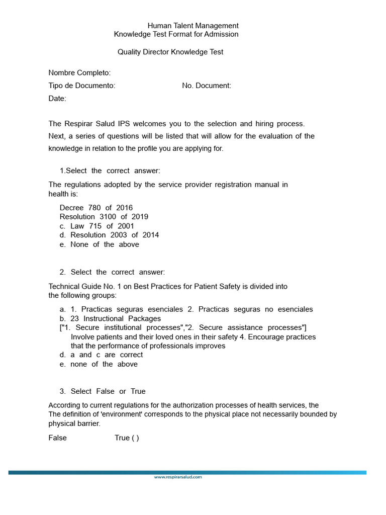 Human Talent Management Knowledge Test | PDF | Patient Safety | Medical ...