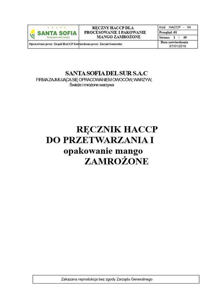 Ręcznik Haccp Mango Mrożone Santa Sofia | PDF