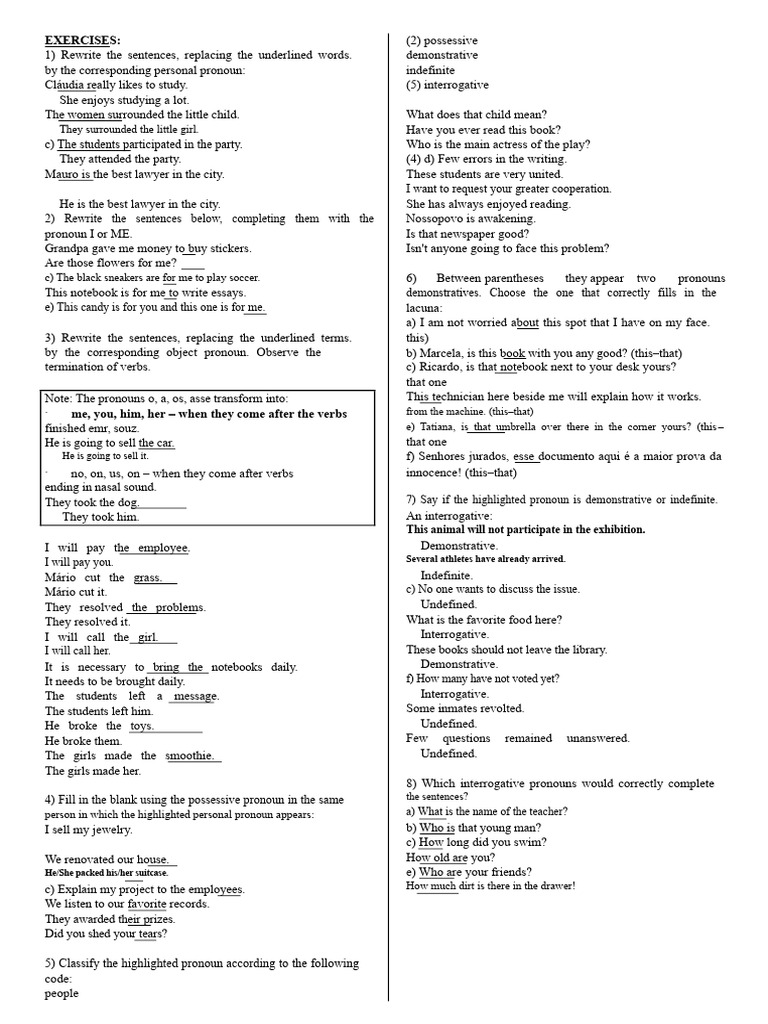 EXERCISES of pronouns with answer key.docx | PDF | Pronoun | Linguistics