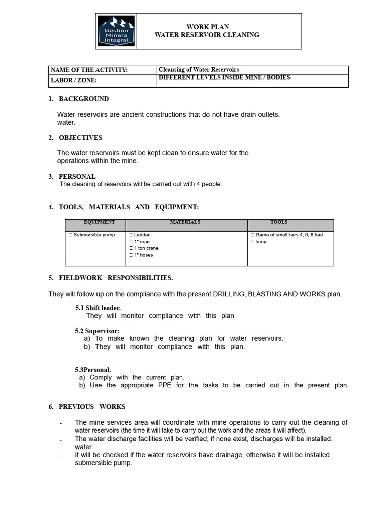 Water Reservoir Cleaning Plan | PDF