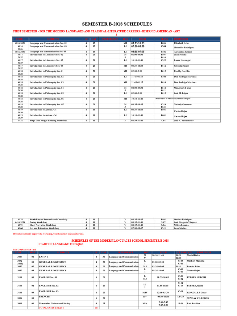 2018 Semester B Modern Languages Schedule | PDF | Liberal Arts ...