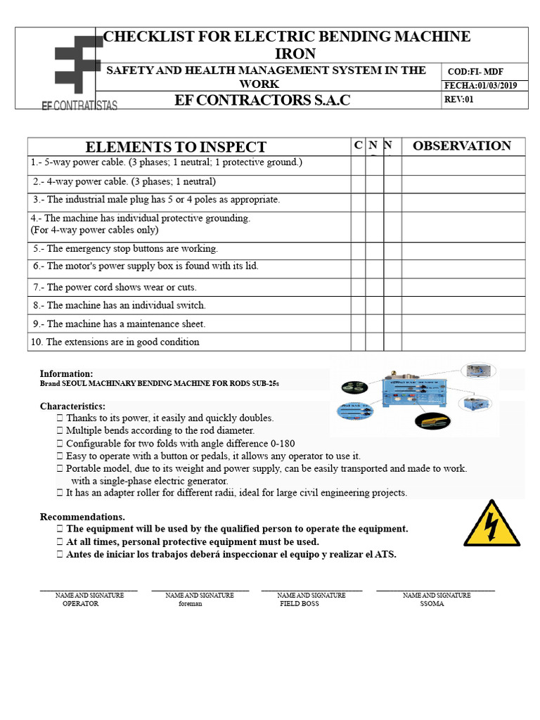 Check-List - Iron Bending Machine | PDF