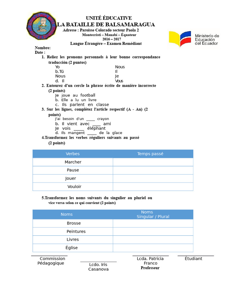 Examen Remédiant en Langue Étrangère | PDF | Nombre grammatical | Langues
