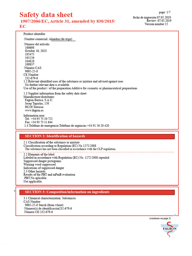Safety Data Sheet For Wheat Flour 0000 | PDF | Dangerous Goods | Toxicity