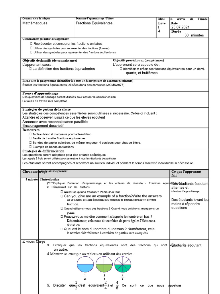 Fractions Équivalentes : Leçon et Activités | PDF | Apprentissage