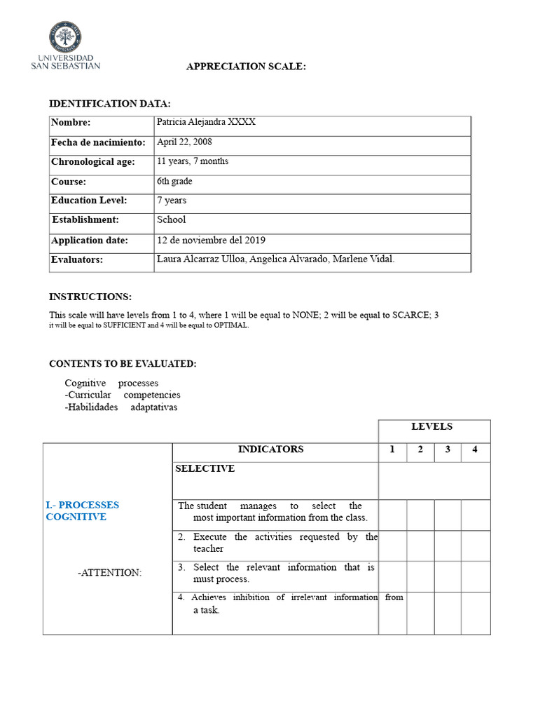 Scale of Appreciation of Curricular Cognitive Processes and Adaptive ...