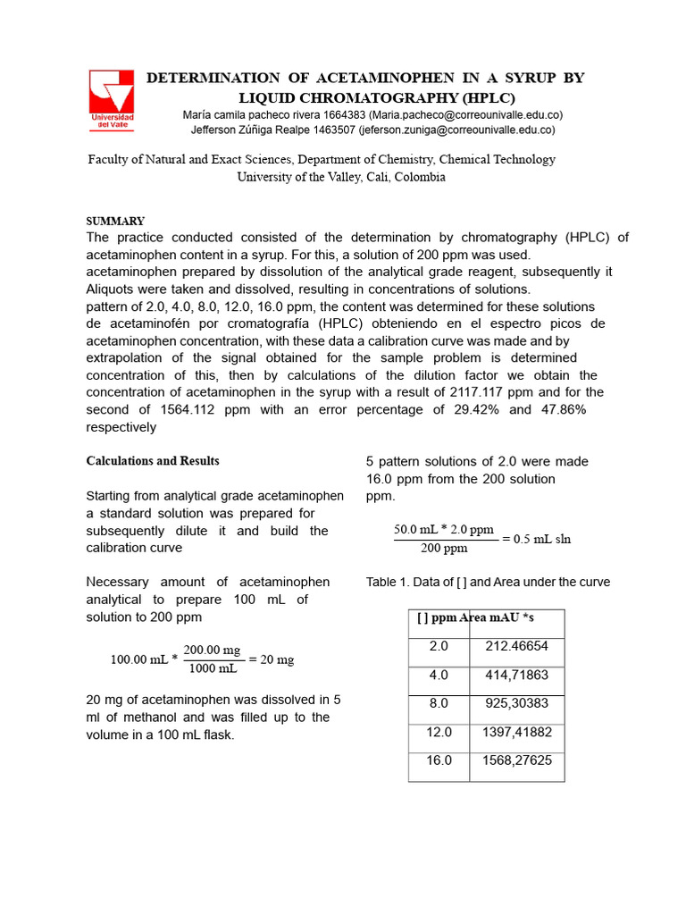 Acetaminophen Analysis in Syrup by HPLC | PDF | High Performance Liquid ...