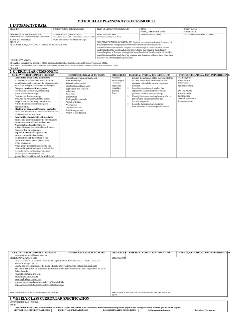6th Grade Natural Sciences Planning | PDF | Ecosystem | Volcano
