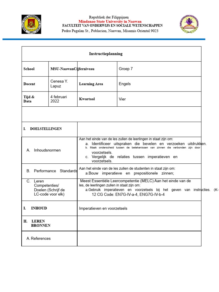 Een Gedetailleerd Lesplan - Imperatief en Prepositie Nieuw | PDF