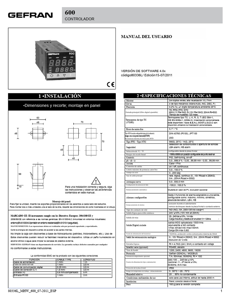Gefran 600 Pidcontrolador Manual PDF | PDF | Relé | Par termoeléctrico