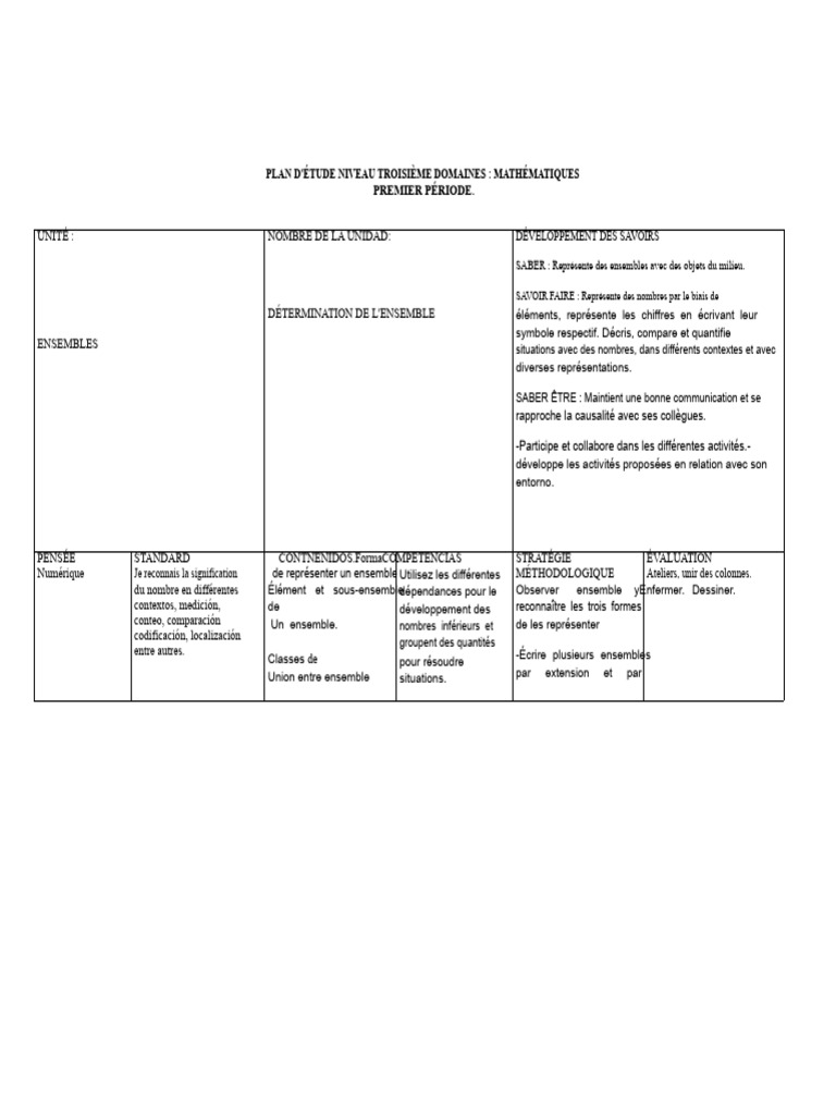 Plan d'étude mathématiques 3ème année | PDF | Nombre | Multiplication