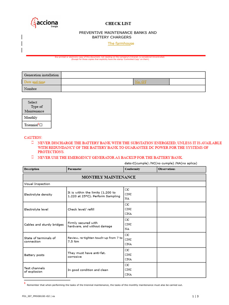 Preventive Maintenance Checklist for Batteries | PDF | Battery Charger ...