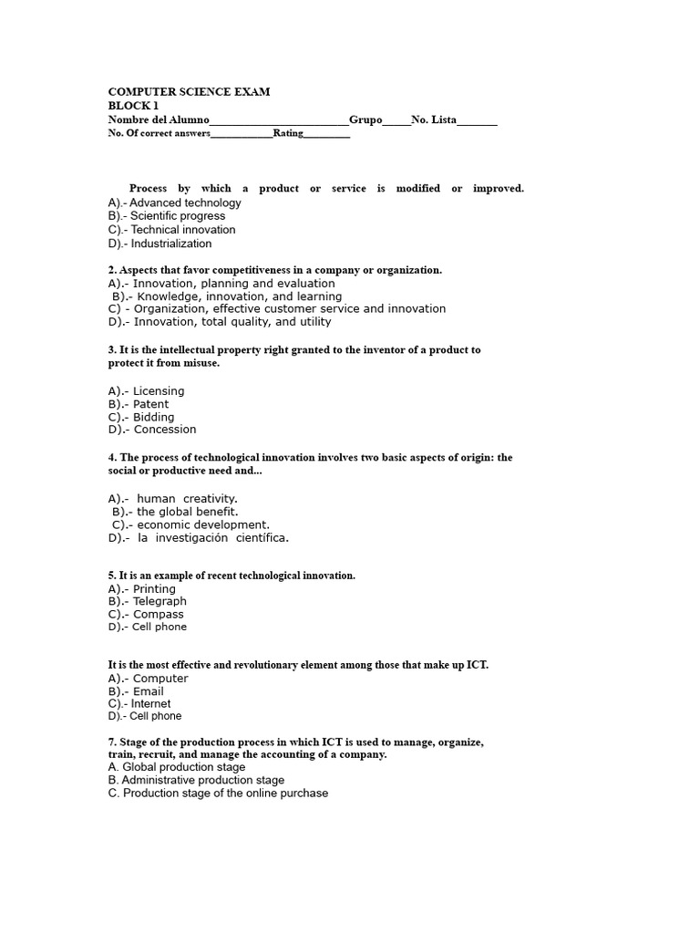 Block 1 Exam of Computer Technology 3rd Grade | PDF | Innovation | Science