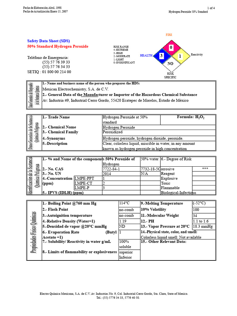 HYDROGEN PEROXIDE (MSDS).pdf | PDF | Hydrogen Peroxide | Water