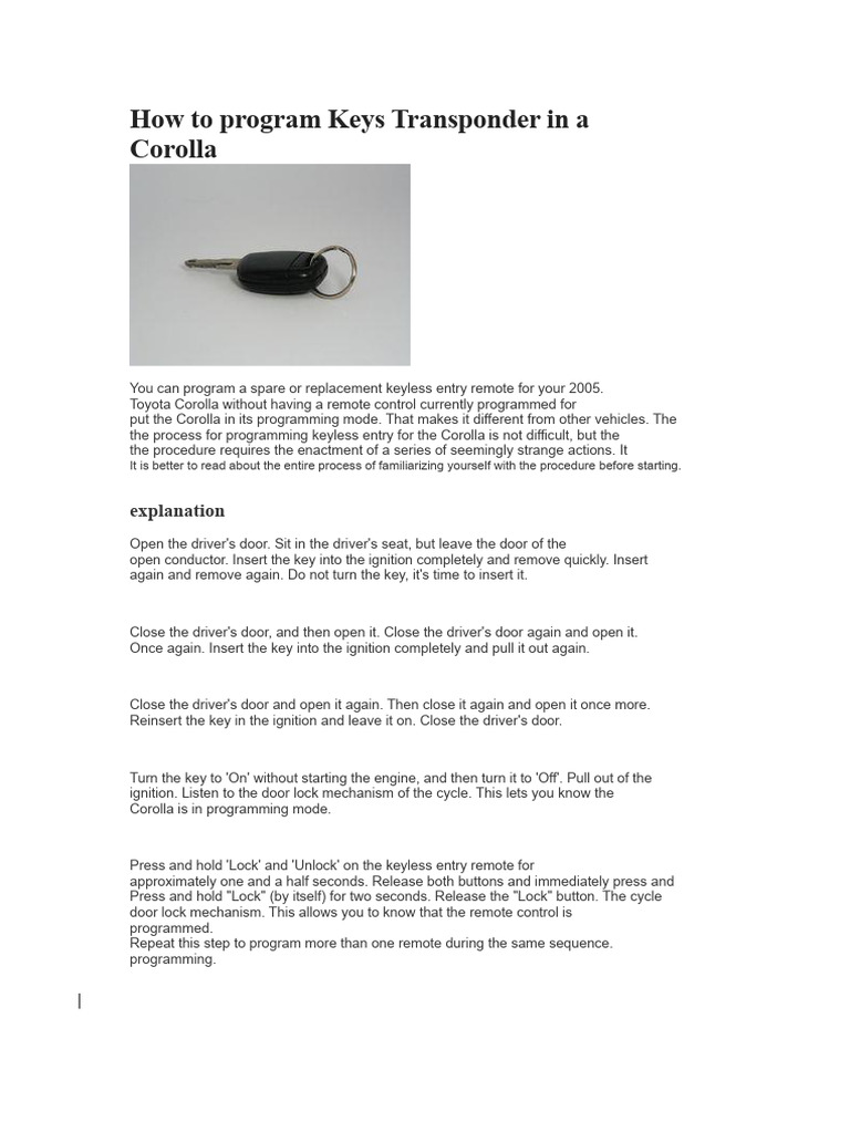 How to Program Transponder Keys in a Corolla | PDF