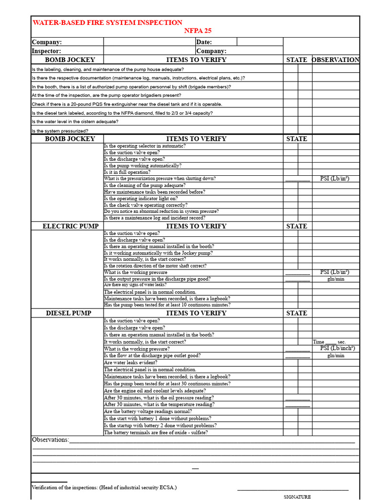 Water-Based Fire System Inspection Checklist | PDF | Pump | Valve