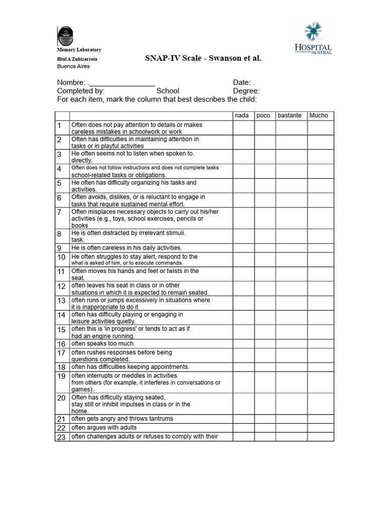 SNAP-IV Scale for ADHD Assessment | PDF | Attention Deficit ...