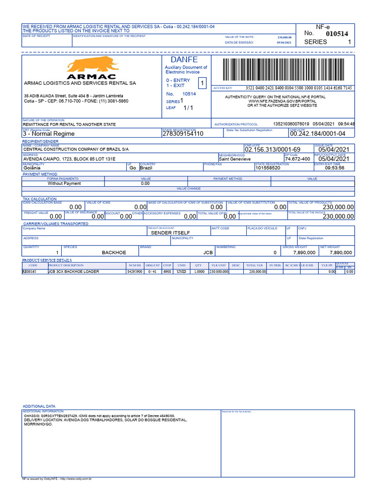 NF SHIPMENT OF RENTAL - CCB - RE165 | PDF