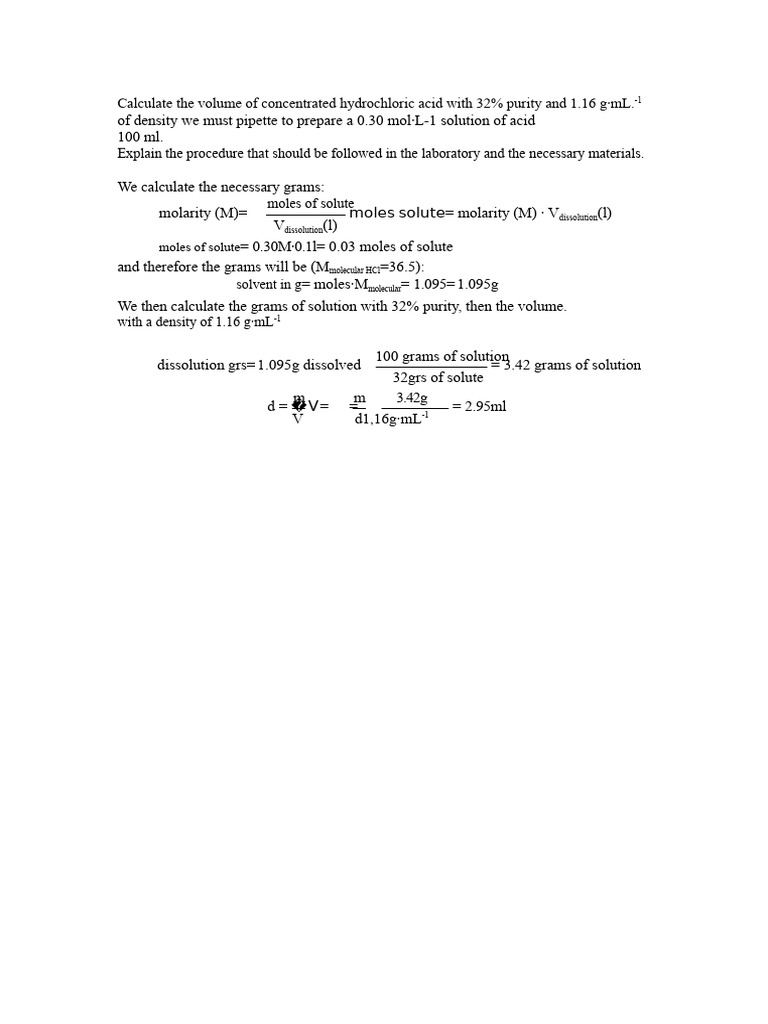 Calculate What Volume of Concentrated Hydrochloric Acid 32. | PDF