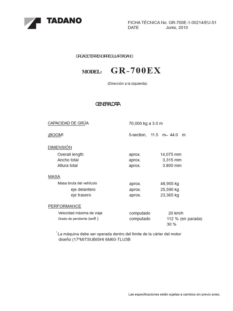 Especificaciones Grúa Tadano GR-700EX | PDF | Eje | Partes de vehículo