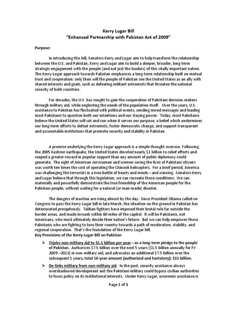 Kerry-Lugar Bill Summary | PDF | Pakistan | Aids