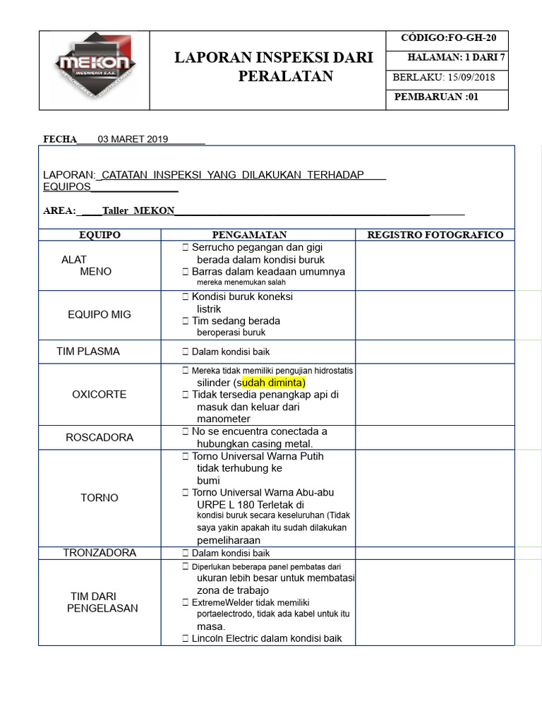 LAPORAN INSPEKSI PERALATAN | PDF
