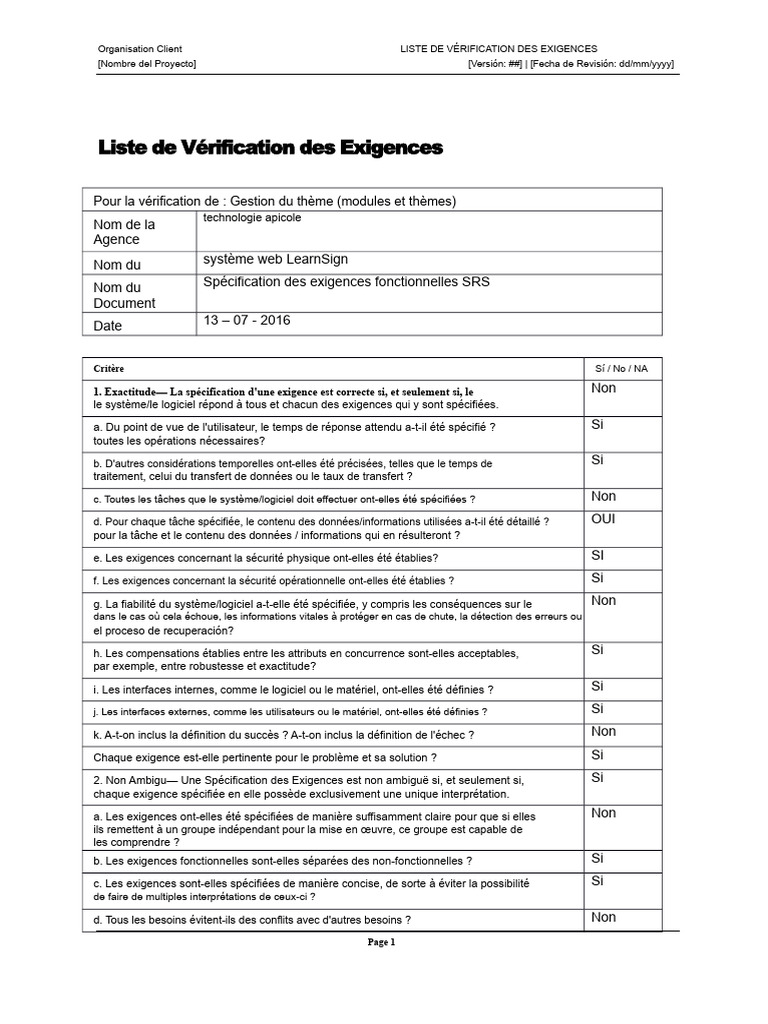 Liste de Vérification des Exigences SRS | PDF | Logiciel ...
