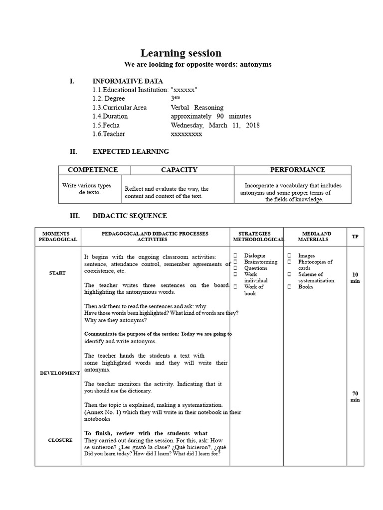 Antonyms Learning Session Plan | PDF | Pedagogy | Learning