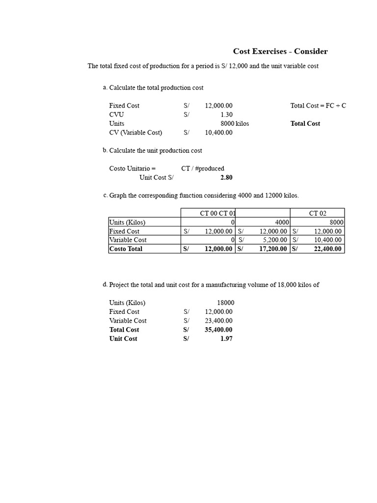 Fixed Costs and Variable Costs Exercises | PDF | Economics | Business Economics
