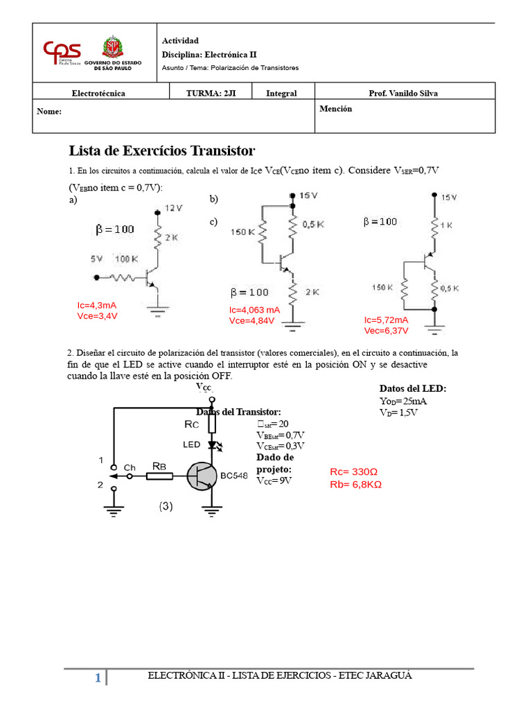 Lista de Ejercicios - Transistor | PDF | Transistor de unión bipolar ...