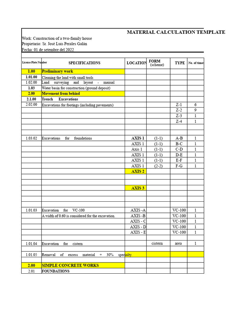 Excel template for measurements | PDF | Concrete | Building Materials